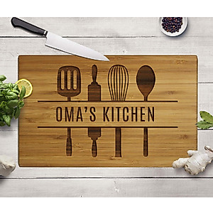Andaz Press Large Bamboo Wood Cutting Board Gift, 17.75 x 11-inch, Oma's Kitchen, Utensils Graphic, 1-Pack, Laser Engraved Serving Chopping Board Christmas Birthday Chef Kitchen Ideas
