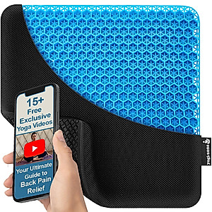 YOGI-ZONE Gel Seat Cushion for Long Sitting – 16.5x16.5x1.6 in. Honeycomb Seat Cushion for Back Pain Relief with Yoga Videos – TPE Cushion with Nonslip Breathable Cover for Office Chair & Car Seat