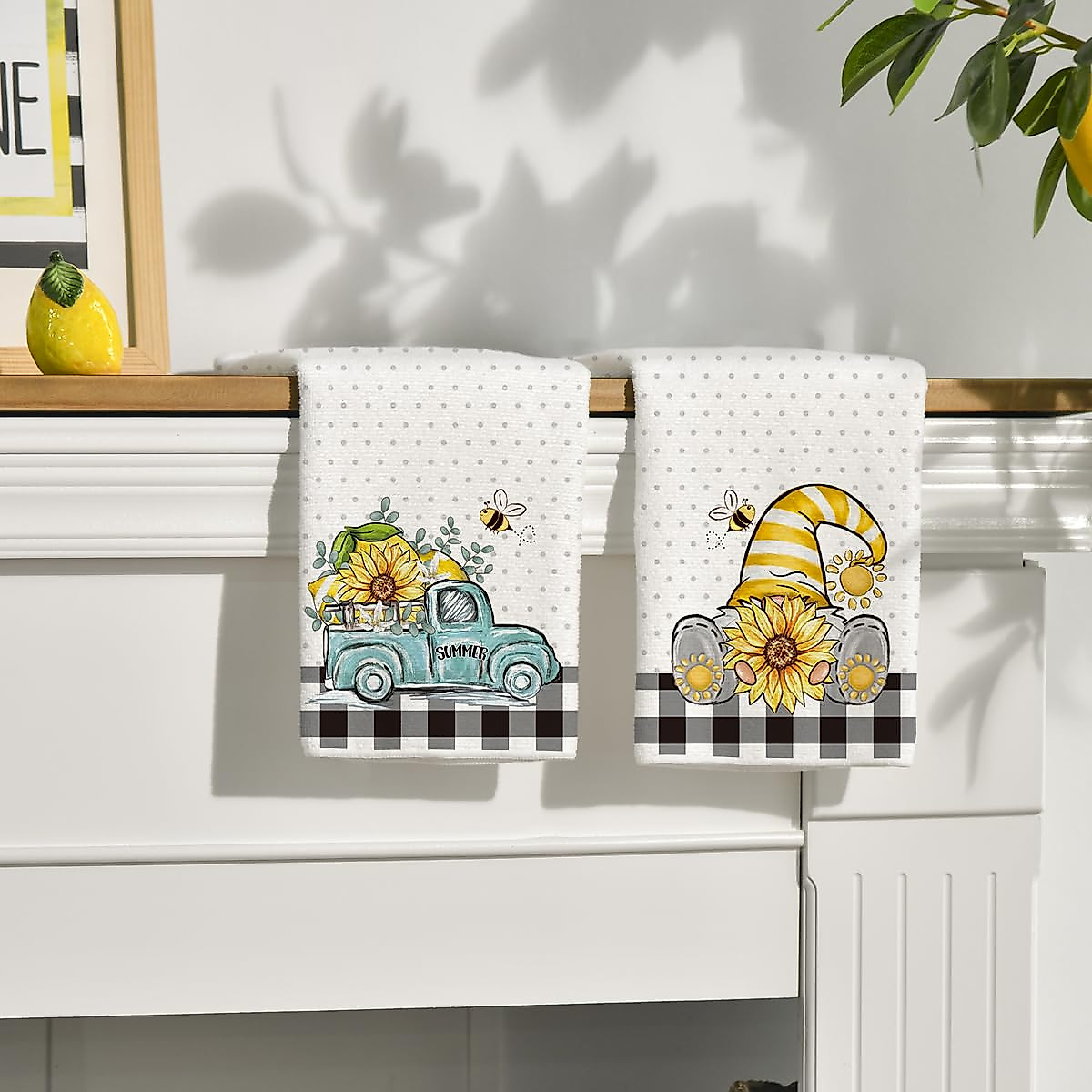 Artoid Mode Buffalo Plaid Gnome Bee Truck Sunflower Lemons Summer Kitchen Towels Dish Towels, 18x26 Inch Decoration Hand Towels Set of 2