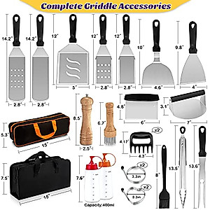 24Pcs Griddle Accessories Kit, Joyfair Outdoor BBQ Flattop Grill Tool Set, Heavy Duty Stainless Steel Spatulas/Scraps for Teppanyaki Camping Cooking, Burger Turner &2 Portable Bags, Dishwasher Safe