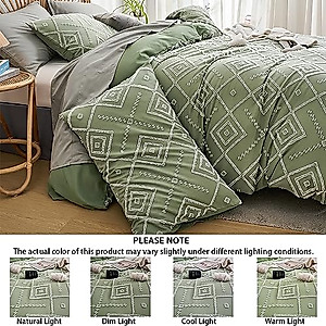Senville Tufted Duvet Cover Queen Size,Jacquard Geometric Pattern,Soft Lightweight Green Duvet Covers Set for All Seasons,3 Pieces Boho Shabby Chic Bedding Set with Zipper Closure(Green,Queen)