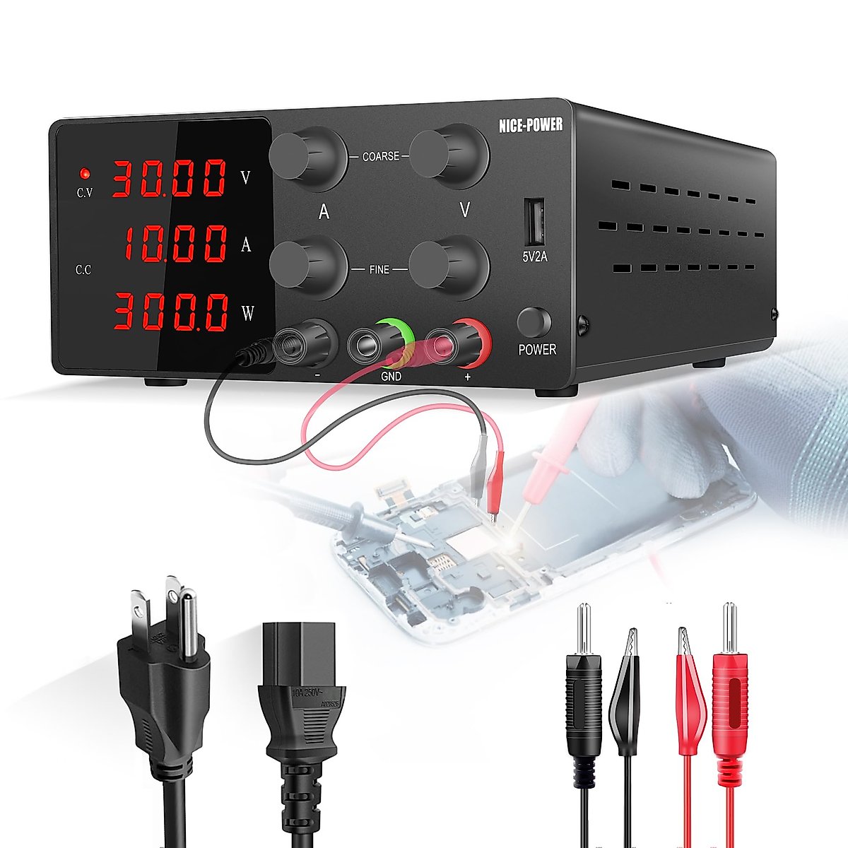 NICE-POWER DC Power Supply Variable 30V 10A Adjustable Bench Power Supply with Coarse/Fine Adjustments Knob Switching DC Regulated Power Supply Stable Output 4-Digits LED Display 5V/2A USB Port