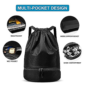 Qoosea Drawstring Backpack Sports Gym Bag with Shoe Compartment Water Resistant Drawstring Sackpack for Women Men (Black)