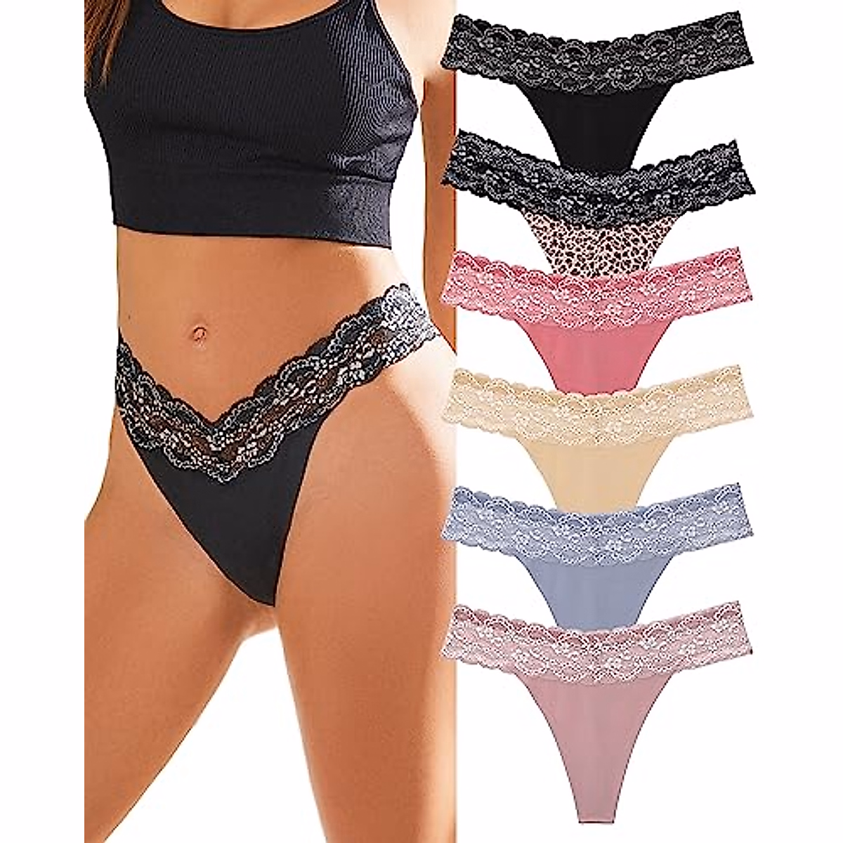 ALL OF ME Seamless Thongs Underwear Women Sexy Panties V-shape Lace Waistband T-back Tangas for Ladies 6 Pack S-XL