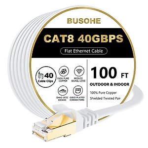 BUSOHE Cat 8 Ethernet Cable 100 FT, 40Gbps 2000Mhz High Speed Flat Cat8 Cable Patch Cord with Gold-Plated RJ45 Connector, LAN Network Internet Cable with 40 Clips for Router/Gaming/Computer, S/FTP