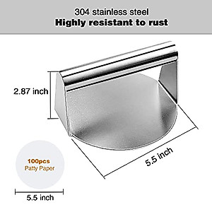 Onanuto Stainless Steel Grill Press,5.5 inch Professional Burger Press, Grade Burger Smasher with 100 Patty Papers Set, Burger Iron Perfect for Flat Top Griddle Grill Cooking