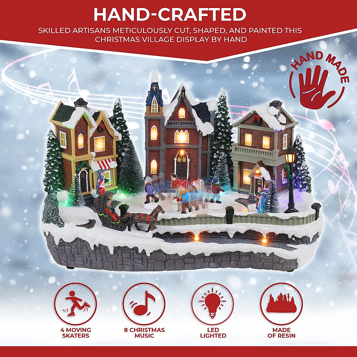 Large Animated Christmas Village Skating Town - Lighted Resin Musical Snow Scene with 4 Moving Skaters and Adapter