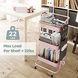 DTK 3 Tier Metal Utility Rolling Cart with Table Top and Side Bags, Metal Tray Storage Organizer Cart with Wheels, Art Craft Cart with 4 Hooks for Kitchen Bathroom Office Living Room (Pink)