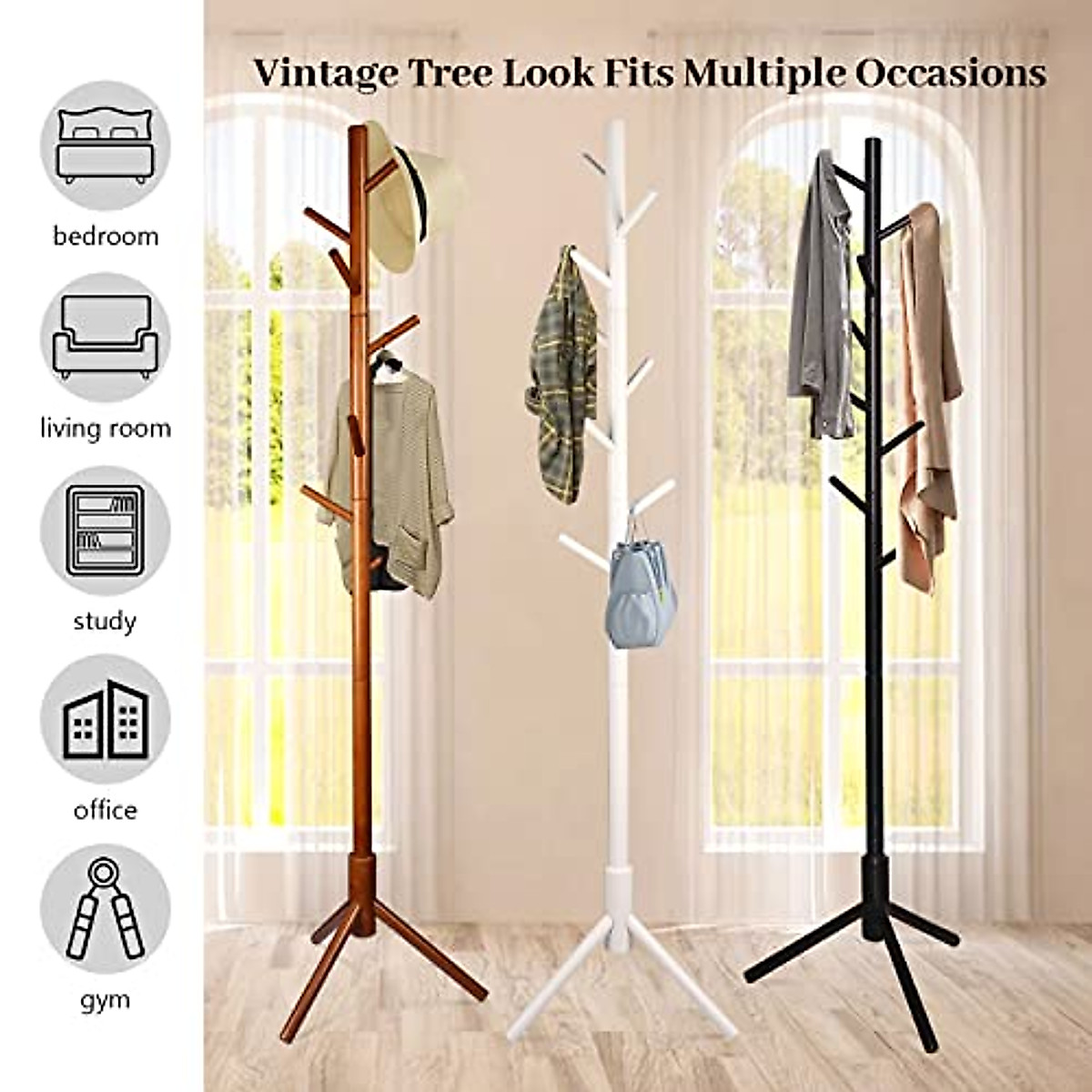 DADILL Wooden Tree Coat Rack with 3 Adjustable Sizes, 8 Hooks, Easy Assembly Free Standing Solid Coat Hanger Stand for Clothes, Garment, Hats, Umbrellas, Scarves in Hallway, Entryway, Dark Walnut