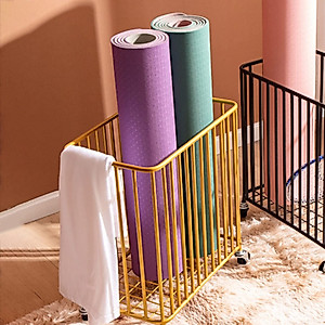 Gold Square Yoga Mat Holder with Wheels, Steel Frame Yoga Mat Storage Basket, Exercise Equipment for Home Workouts, Space Saving Yoga Mat Racks