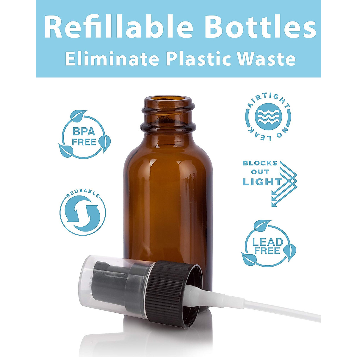 JUVITUS 1 oz / 30 ml Amber Glass Boston Round Bottle with Black Treatment Pump (12 pack) + Funnel Refillable Empty Storage Containers