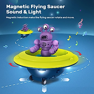 HOLYFUN Kid Magnetic Walking Musical Space Toy with 35PCS Stacking Blocks Building Robot, Storage Box, STEM Educational Electronic Flying Saucer and Magnetic Robot Gift for Children Toddler Boy Girl