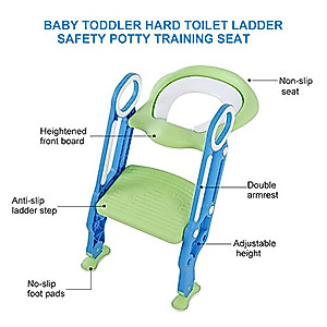 Toilet Training Seat, Adjustable Baby Safety Potty Training Seat Chair Foldable Kids Toilet Potty Trainer with Step Stool Ladder and Soft Cushion for Toddler Child Baby Boys Girls(Blue Green)