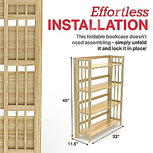 STONY EDGE 4-Tier Folding Bookshelf | Natural Wood Finish | 45x32x11.5 Inches | Book Shelf for Books and Trinkets | No Assembly Required | Foldable & Small Bookshelf for Home and Office
