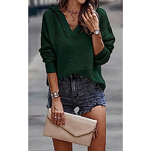 PRETTYGARDEN Women’s Casual Long Sleeve V Neck Hoodie Loose Slouchy Jumper Tops Ribbed Knitted Sweater (Dark Green, Large)