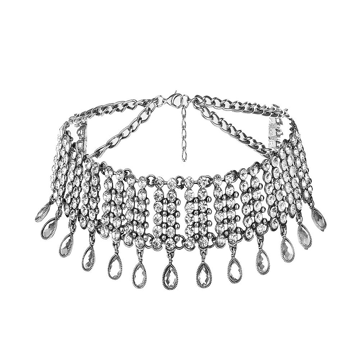 YERTTER Vintage Boho Full Rhinestones Necklaces Tassel Jewelry Set Layered Pendant Statement Chunky Chain Necklace for Women