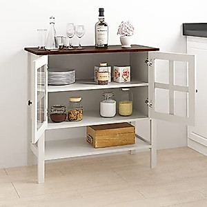 Spirich Home Sideboard Buffet Cabinet, Kitchen Storage Cabinet with 2 Glass Doors and Adjustable Shelf, Wood Cupboard Console Table for Dining Room White