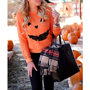 Women's Halloween Pumpkin Face Long Sleeve Sweatshirts Lightweight Casual Pullover Tops (XXL, Orange)