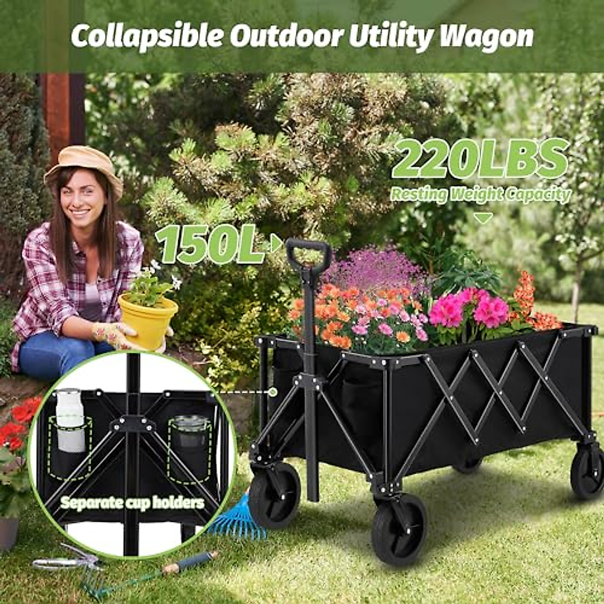 Eusuncaly Collapsible Wagon Cart Heavy Duty for Groceries, Folding Beach Wagon with All Terrain Wheels, Utility Large Capacity Wagon with 2 Drink Holders for Outdoor Camping Shopping Sports, Black