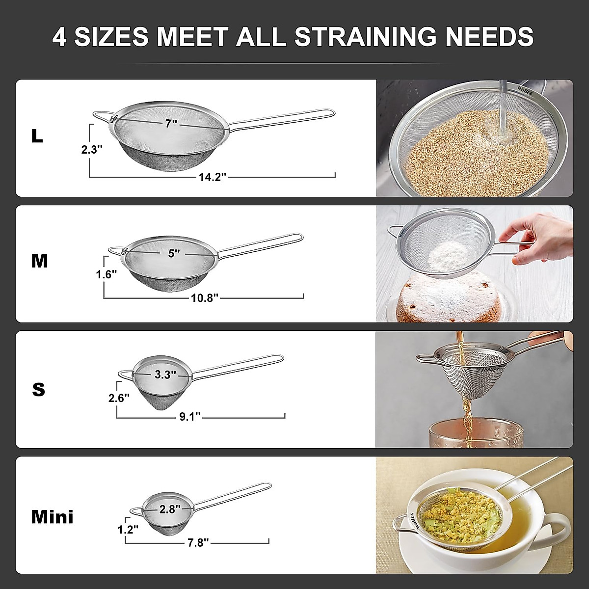 Walfos Fine Mesh Strainer 4PCS, Versatile Kitchen Strainer with Handle - 7", 5", 3.3", 2.8" Sieve Fine Mesh Stainless Steel, Metal Strainers and Sifters for Rice, Quinoa, Tea, Cocktail, Pasta, Juice