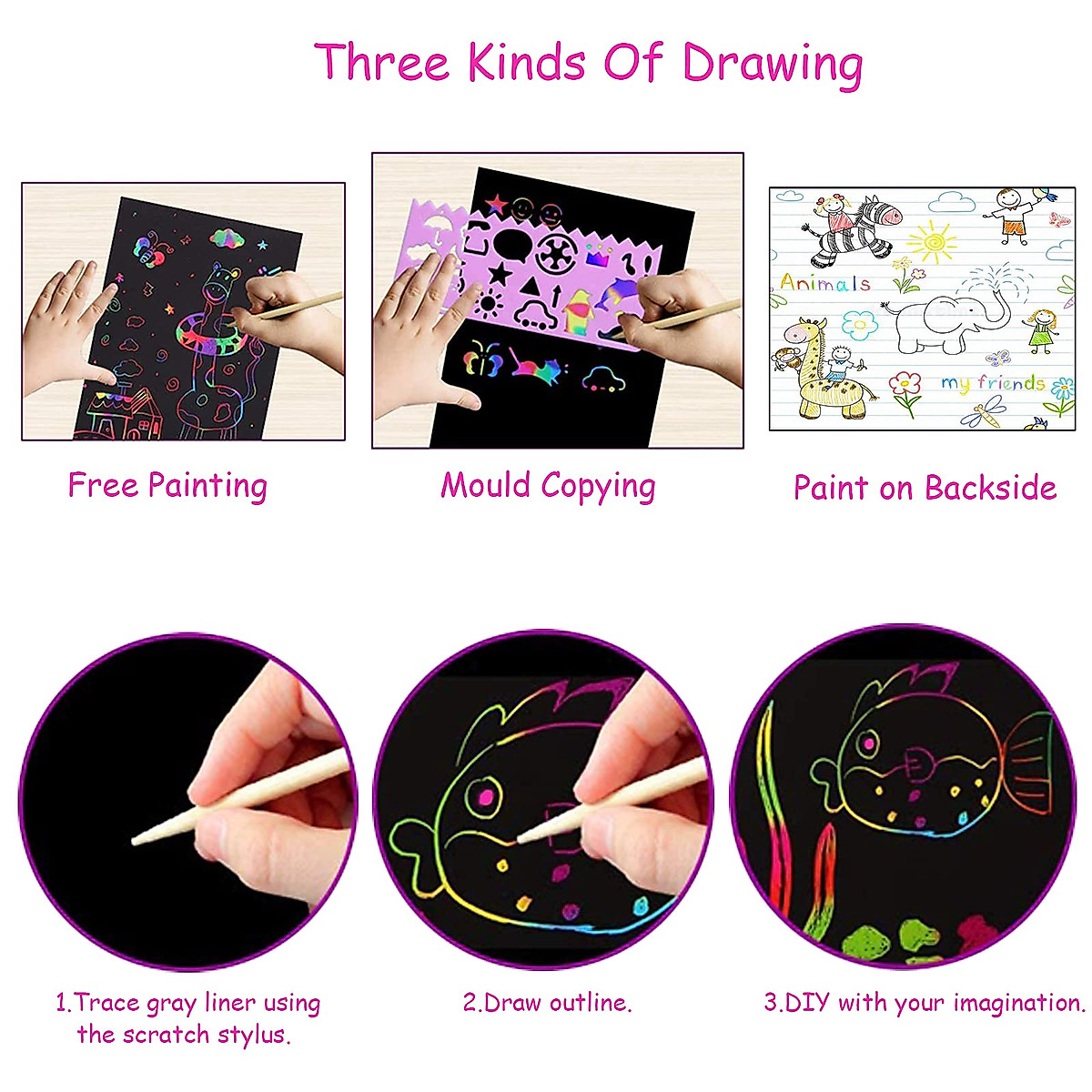 Scratch Paper Art Set, 50pcs Rainbow Scratch Paper Black Scratch Off Paper Art Supplies Magic Kit for Kids Crafts Activity