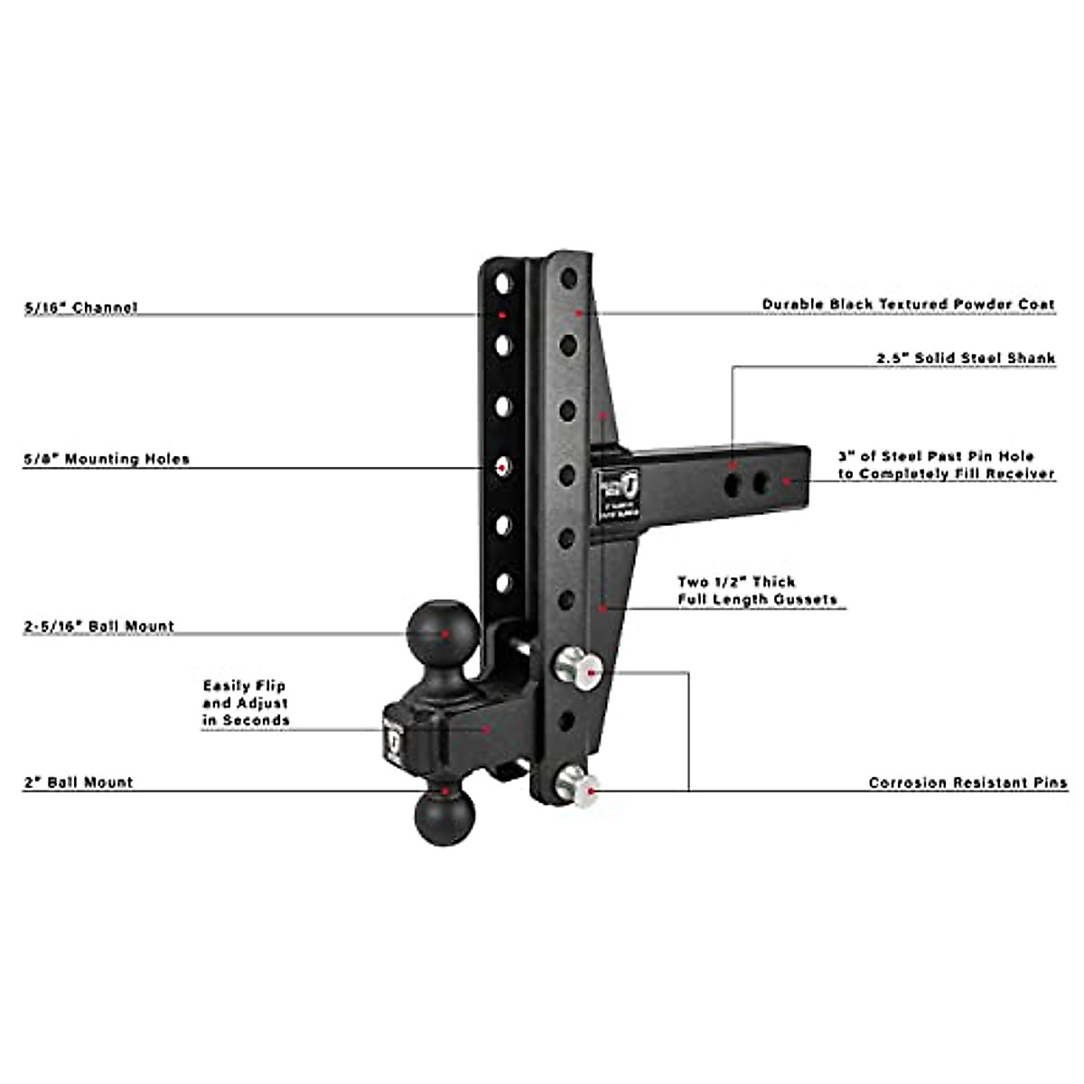 BulletProof Hitches 2.5" Adjustable Extreme Duty (36,000lb Rating) Offset 4" & 6" Drop/Rise Trailer Hitch with 2" and 2 5/16" Dual Ball (Black Textured Powder Coat, Solid Steel)