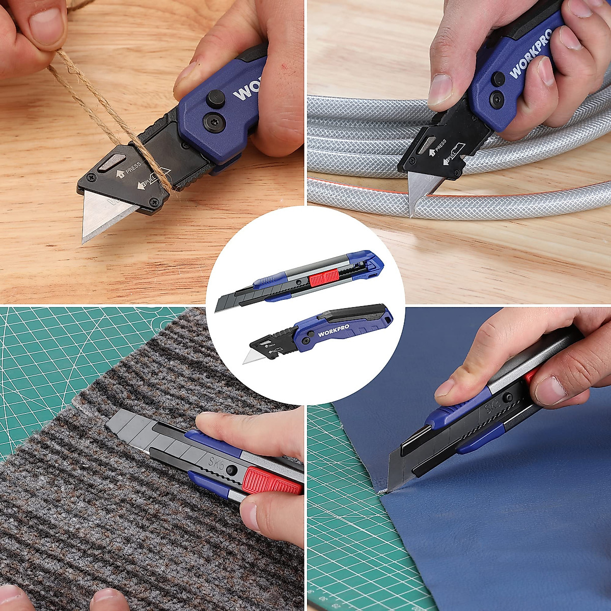 WORKPRO Utility Knife, 2-piece, Folding Box Cutter and 18mm Snap-off Knife, Light Weight Aluminum Body with Stainless Quick Change Blade Holder, Extra 20 SK5 Blades Included