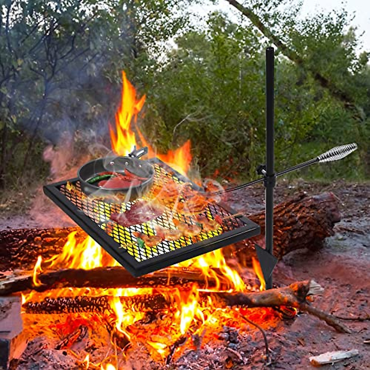 Lineslife Swivel Campfire Grill, Adjustable Heavy Duty Steel Campfire Grill Grate, Fire Pit Grill Grate Over Fire Pit with Carrying Bag for Outdoor Camping BBQ, Rectangle Black