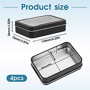 Metal Hinged Tin Box Container, 4 Pieces Rectangular Tin Box Small Storage Box Metal Stash Box Empty Tin Boxes with Removable Clear Window Lid for Candy Jewelry Beads Key Crafts Storage, Black
