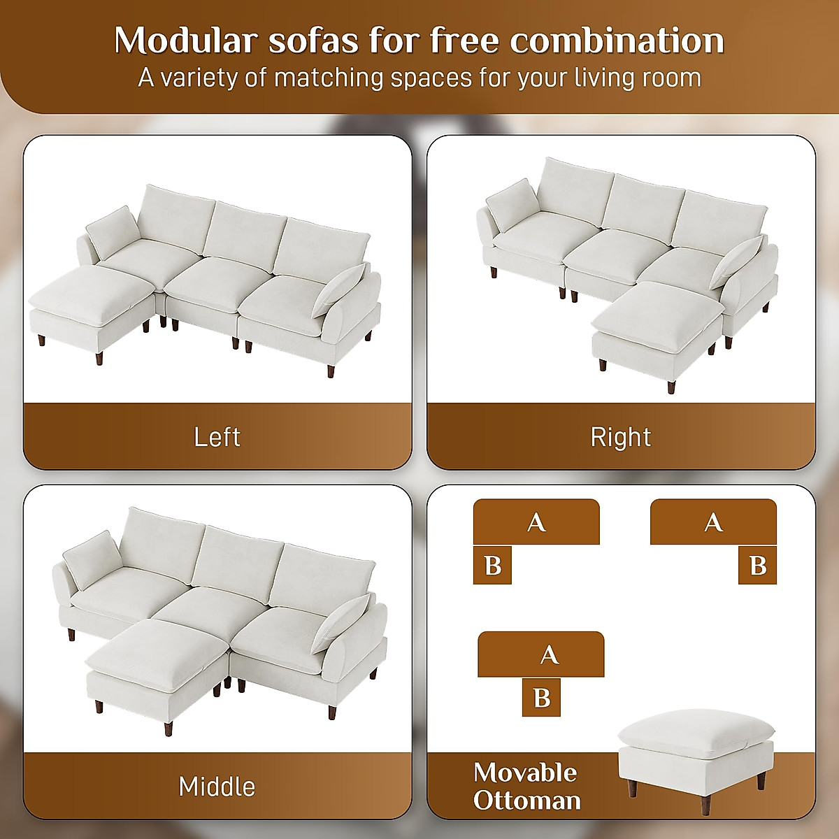 Nolohoo Cloud Couch Sectional, 94" Deep Seat L Shape Sectionals Sofa with Sleeper Chaise, Convertible Ottoman, Comfy Chenille Small Modular Couches for Living Room, Apartment, Cream White