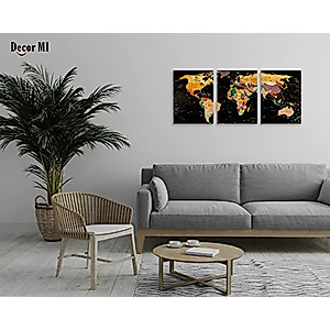 Decor MI World Map Wall Art on Canvas Black Canvas Prints Paintings 3 Pieces Canvas Map of The World Children Education Ready to Hang Map Decor Wall Artwork for Living Room Bedroom Bathroom Home