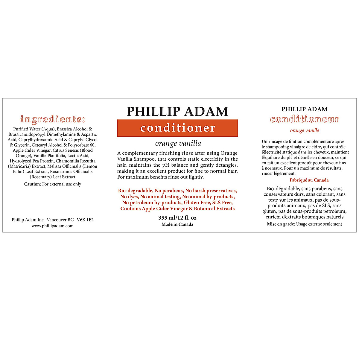 Phillip Adam Orange Vanilla Conditioner for Smooth and Shiny Hair - No Harsh Chemicals - Safe for Color Treated Hair - Delicious Natural Scent - 12 Ounce