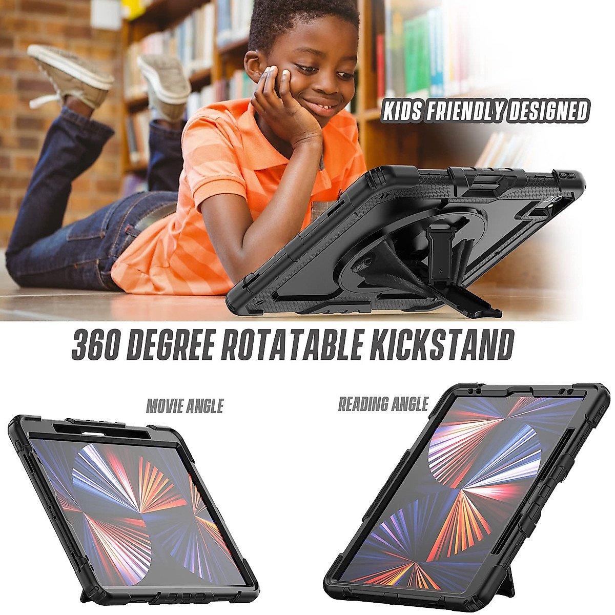 Herize Case Compatible with iPad Pro 12.9 inch 6th/5th/4th Generation with Screen Protector Pencil Holder | Full Body Shockproof Rugged Protective Rubber Case W/Stand Strap | Black