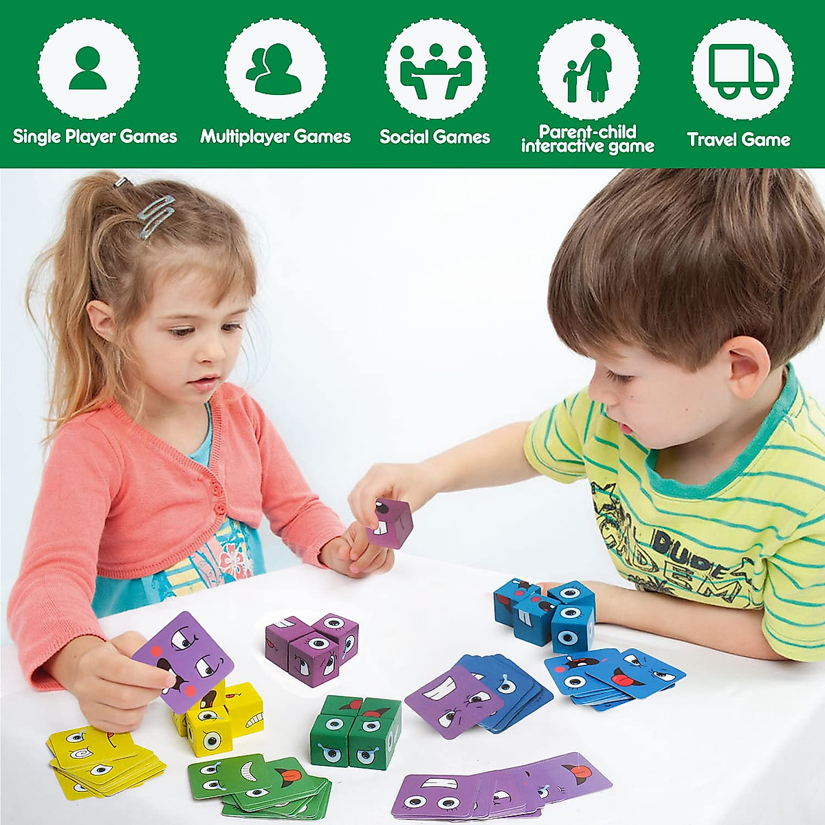 RAEQKS Wooden Expressions Building Block Brain Teasers Puzzle Magic Face Changing Cube Educational Montessori Toys Family Board Games Matching Puzzles Set for Toddlers Kids Aged 3 4 5 6 Years and Up