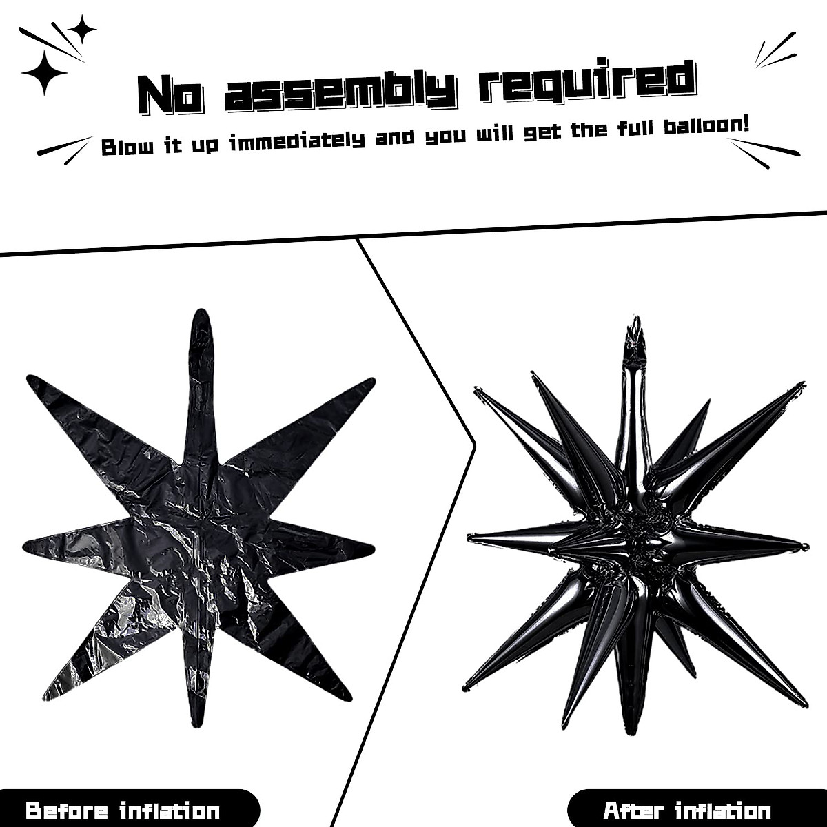 BlingABC Star Foil Balloons Black Explosion 6PCS 14 Point Cone Balloons Magic Starburst Balloons Large for Wedding Anniversary Backdrop Birthday Party Decorations(27 & 22 inch)