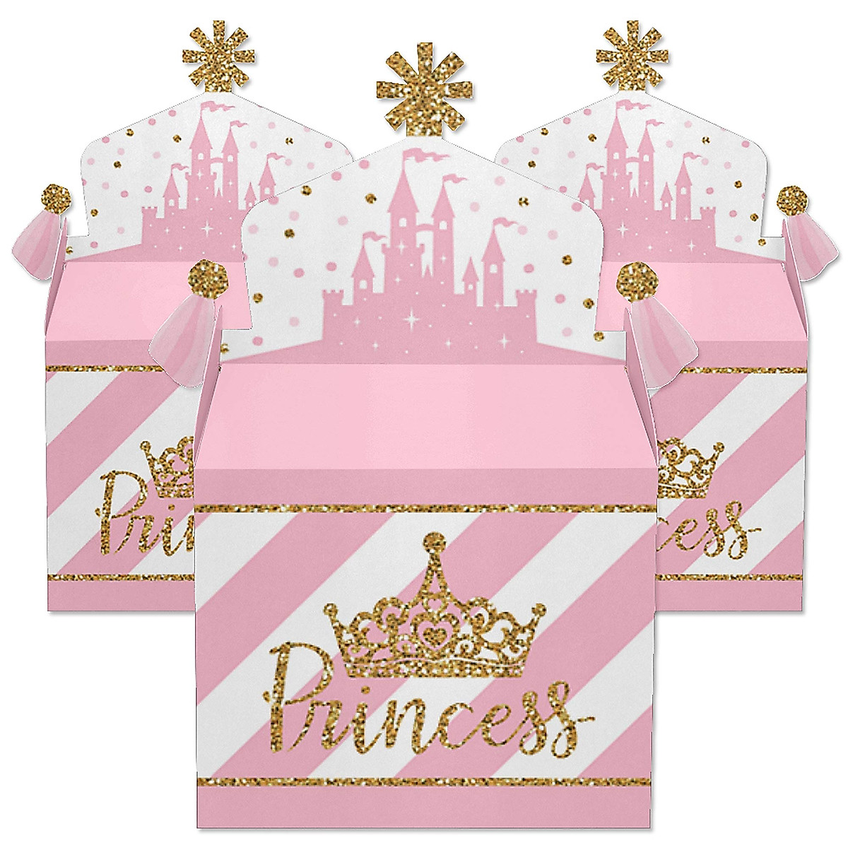 Big Dot of Happiness Little Princess Crown - Treat Box Party Favors - Pink and Gold Princess Baby Shower or Birthday Party Goodie Gable Boxes - Set of 12