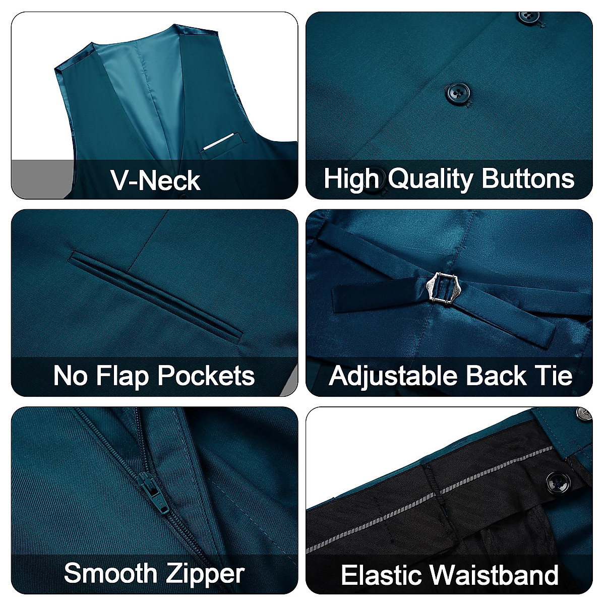 MAGE MALE Men's 3 Pieces Suit Elegant Solid One Button Slim Fit Single Breasted Party Blazer Vest Pants Set. Teal Blue