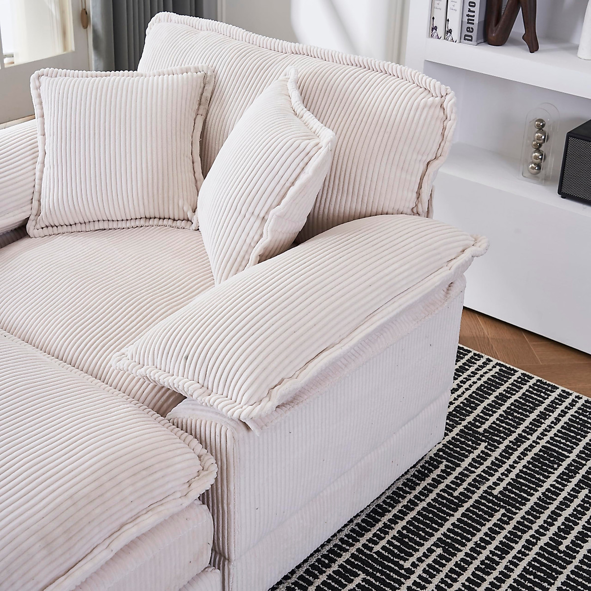 Corduroy Overstuffed Chaise Lounge Chair, Oversized 47" W Single Sofa Ottoman & Pillows,Comfy Deep Seat Cloud Sofa Couch for Living Room Bedroom Nursery (Cream White)