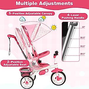 Costzon Tricycle for Toddlers, 6 in 1 Trike w/Parent Handle, Adjustable Canopy, Storage, Safety Harness & Wheel Brakes, Baby Push Tricycle Stroller for Kids Boys Girls Aged 9 Month-5 Years Old, Pink