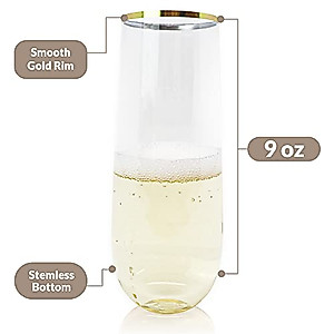 Reli. (15 Pack Plastic Champagne Flutes 9 Oz, Clear w/Gold Rim | Stemless Plastic Mimosa Glasses/Flutes | Disposable, BPA-Free, Shatterproof Cups |Perfect for Mimosa/Champagne, Cocktails, Wedding