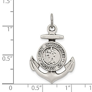 Solid 925 Sterling Silver Vintage Antiqued St Saint Christopher Anchor Medal Brushed Matte Finish Pendant Charm - 33mm x 20mm