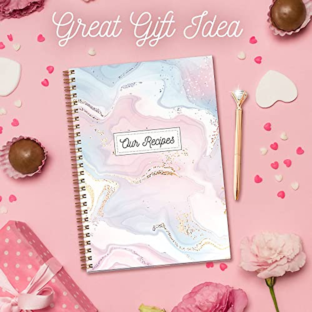 A5 Marble Recipe Book with Diamond Pen, Recipe Book to Write Your Own Recipes Sticker Dividers, Blank Recipe Book with Insides Pockets, Recipe Notebook, Recipe Books, Recipe Journal (Pink)