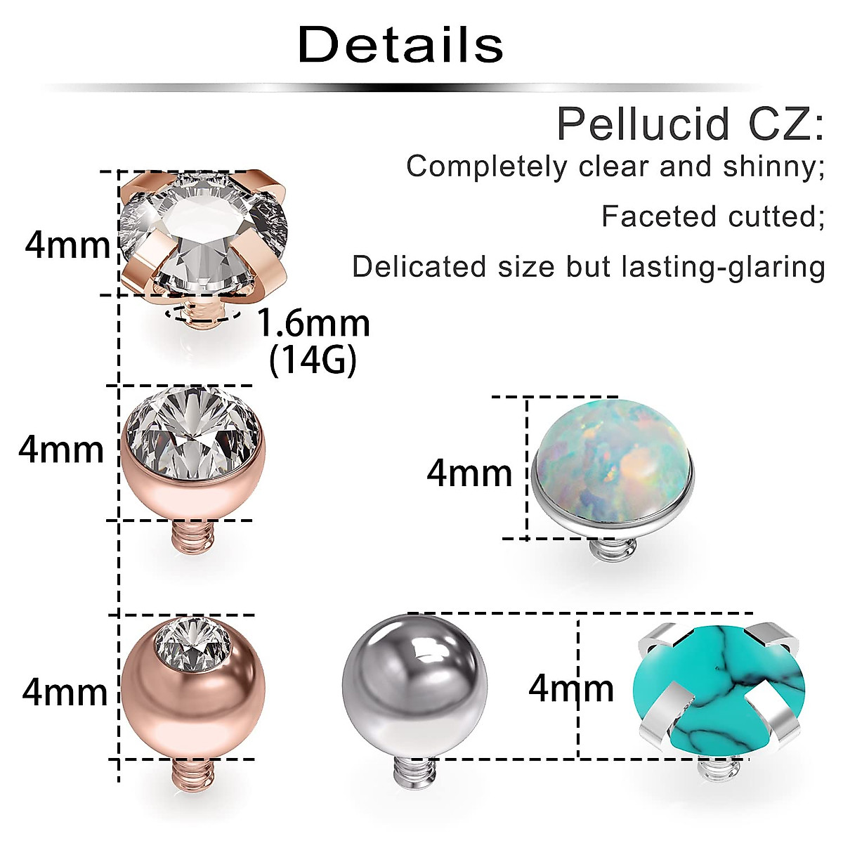 Ftovosyo 14G Dermal Piercing Jewelry Micro Dermal Anchor Top Microdermals Skin Piercing for Women Men 4mm