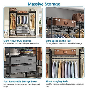 VIPEK V20i Wire Garment Rack Heavy Duty Clothes Rack Bedroom Armoires Metal Clothing Rack with Adjustable Shelves, 3 Hang Rods, 4 Fabric Drawers, Compact Freestanding Closet Storage Organizer, Black