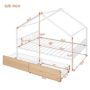 THINK 30 Metal House Bed, House Bed with Two Drawers, Full Size, White