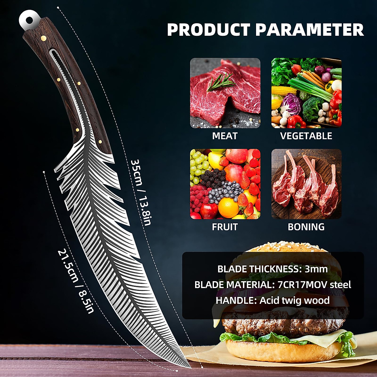 VCXOX Professional Chef Knives, Sharp Feather Boning Knife Hand Forged Knife High Carbon Steel Chef Knife Boning knife for Meat Cutting Cooking Knife with Sheath for Kitchen Outdoor Camping