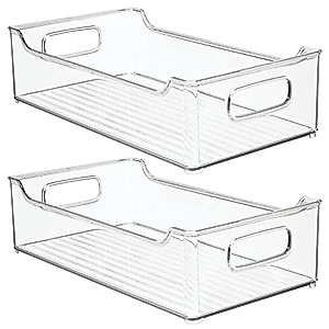 mDesign Wide Plastic Kitchen Storage Container Bins with Handles -Organization in Pantry, Cabinet, Refrigerator or Freezer Shelves - Food Organizer for Fruit, Yogurt, Squeeze Pouches - 2 Pack - Clear