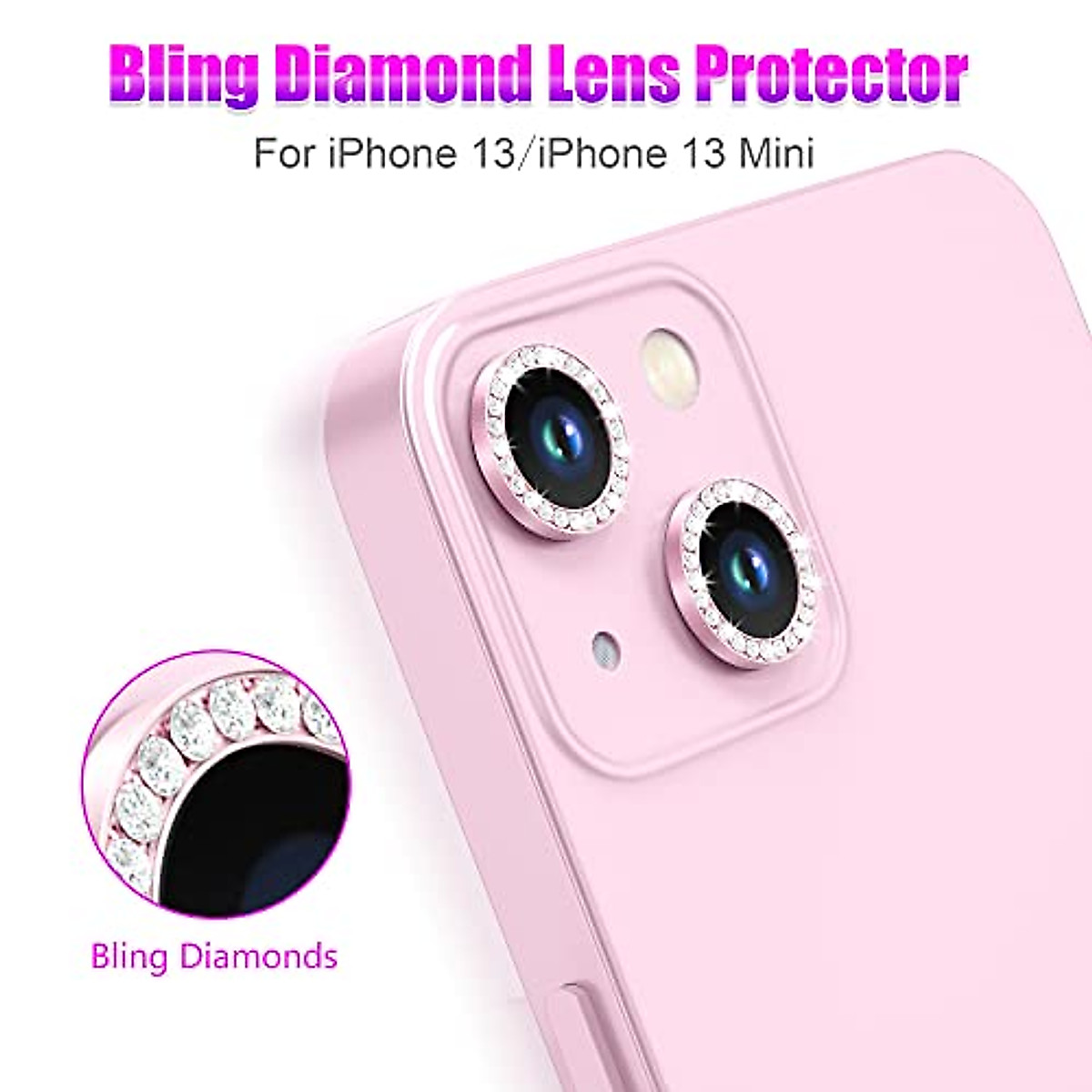 AGVEE 3+3 6 Pack for iPhone 13 6.1 inch / 13 Mini 5.4 inch Camera Lens Protector, Bling Diamond & Bling Glitter Metal Ring 9H Tempered HD Glass Camera Protector Cover Film, Bling-Pink