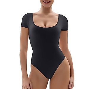 SHAPERX Seamless Short Sleeve Bodysuit for Women Tummy Control Shapewear Thong Sculpting Body Shaper,SZ5253-Black-S/M