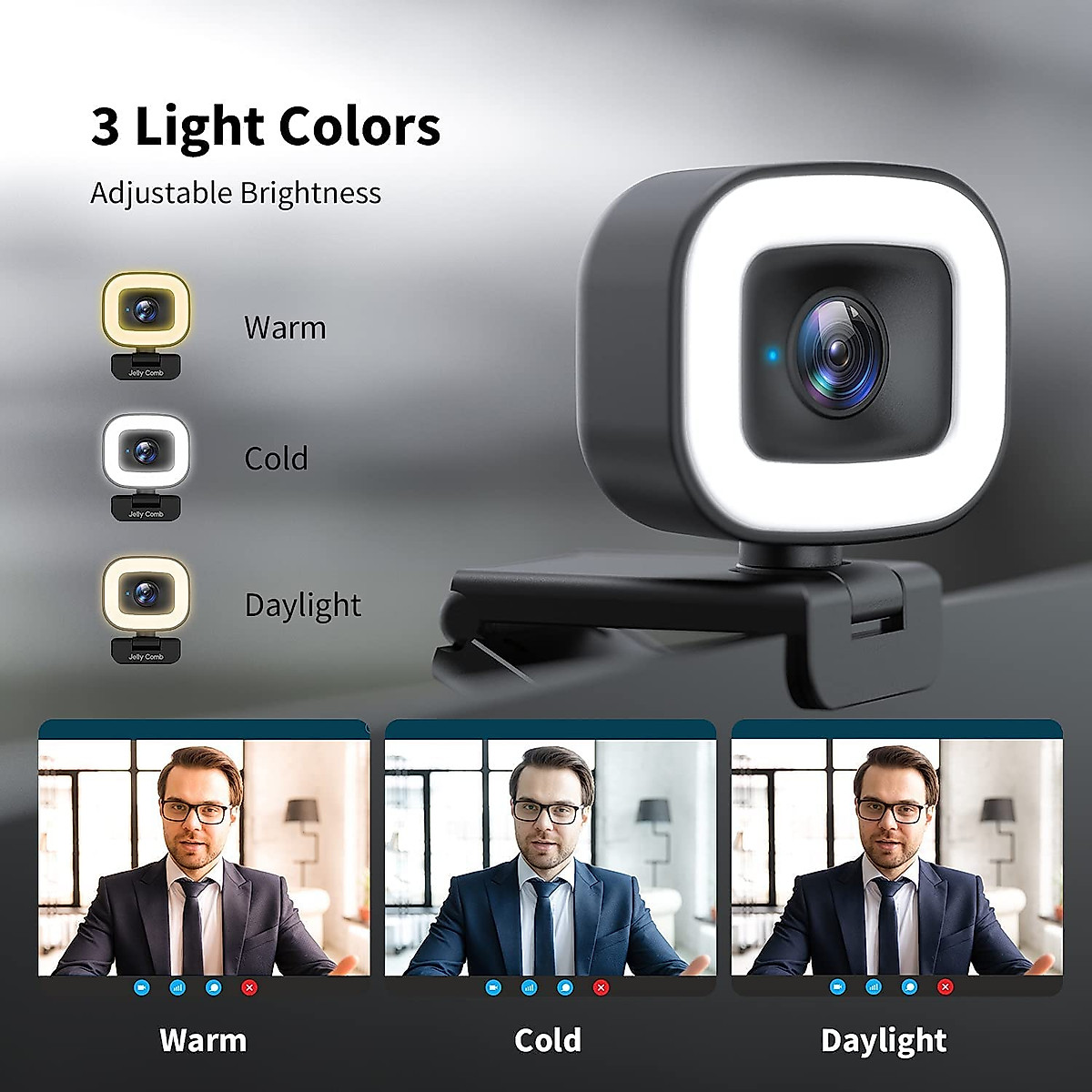 60FPS Webcam with Ring Light, Auto-Focus 1080P Web Camera with Dual Microphone and Privacy Cover，Streaming Webcam for YouTube, Skype, Zoom, Twitch, OBS, Xsplit and Video Calling